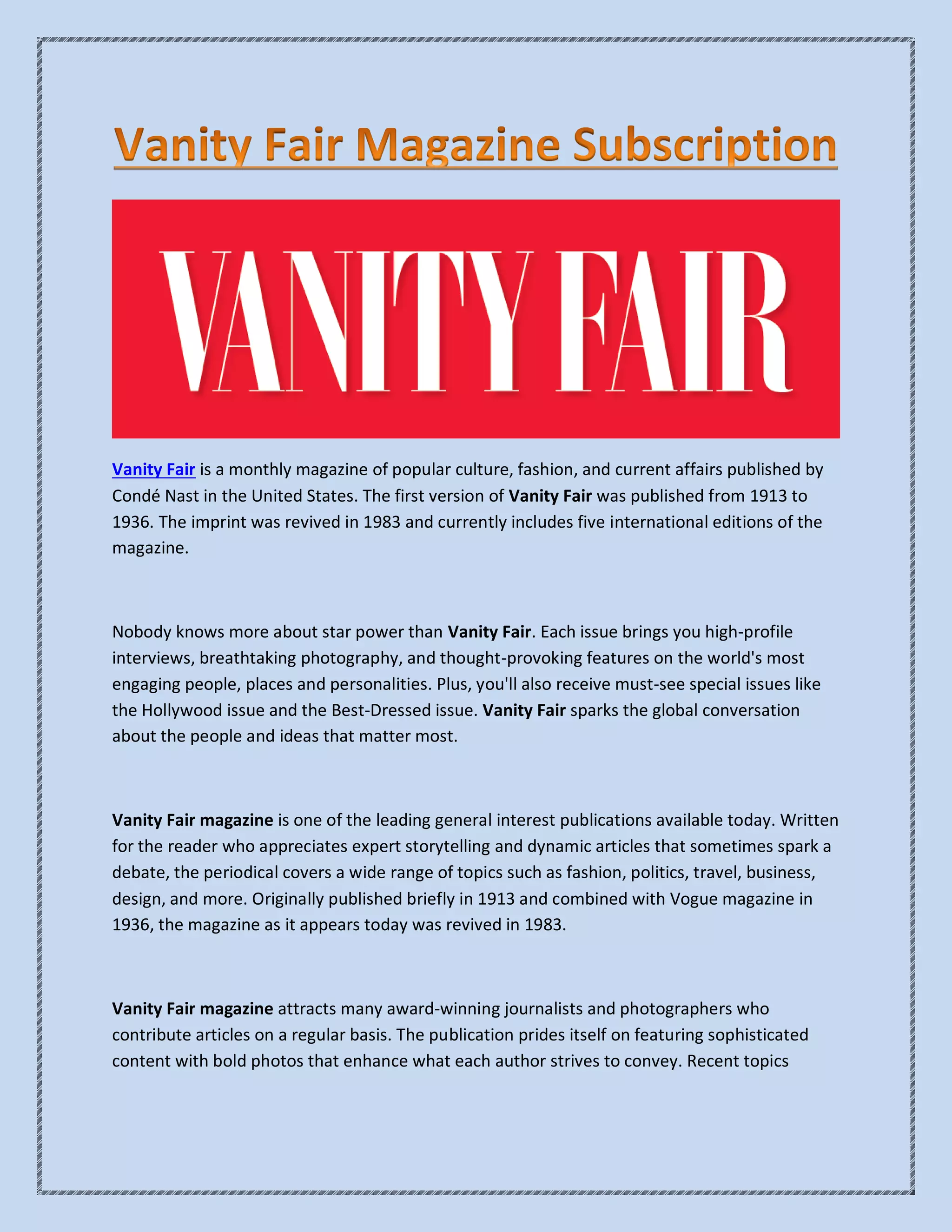 Vanity Fair Magazine Subscription | PDF