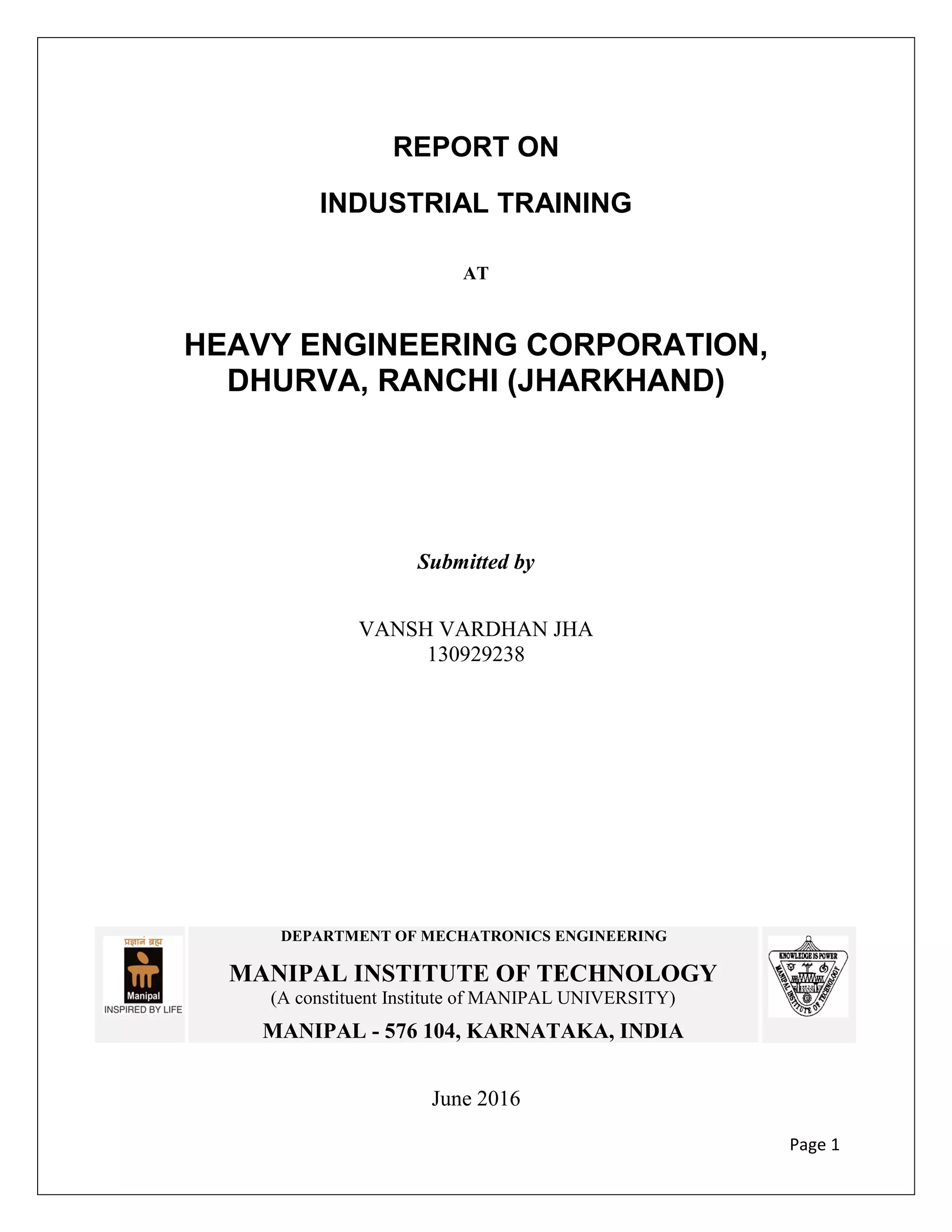 Industrial Training report at Heavy Engineering Corporation, Ranchi ...