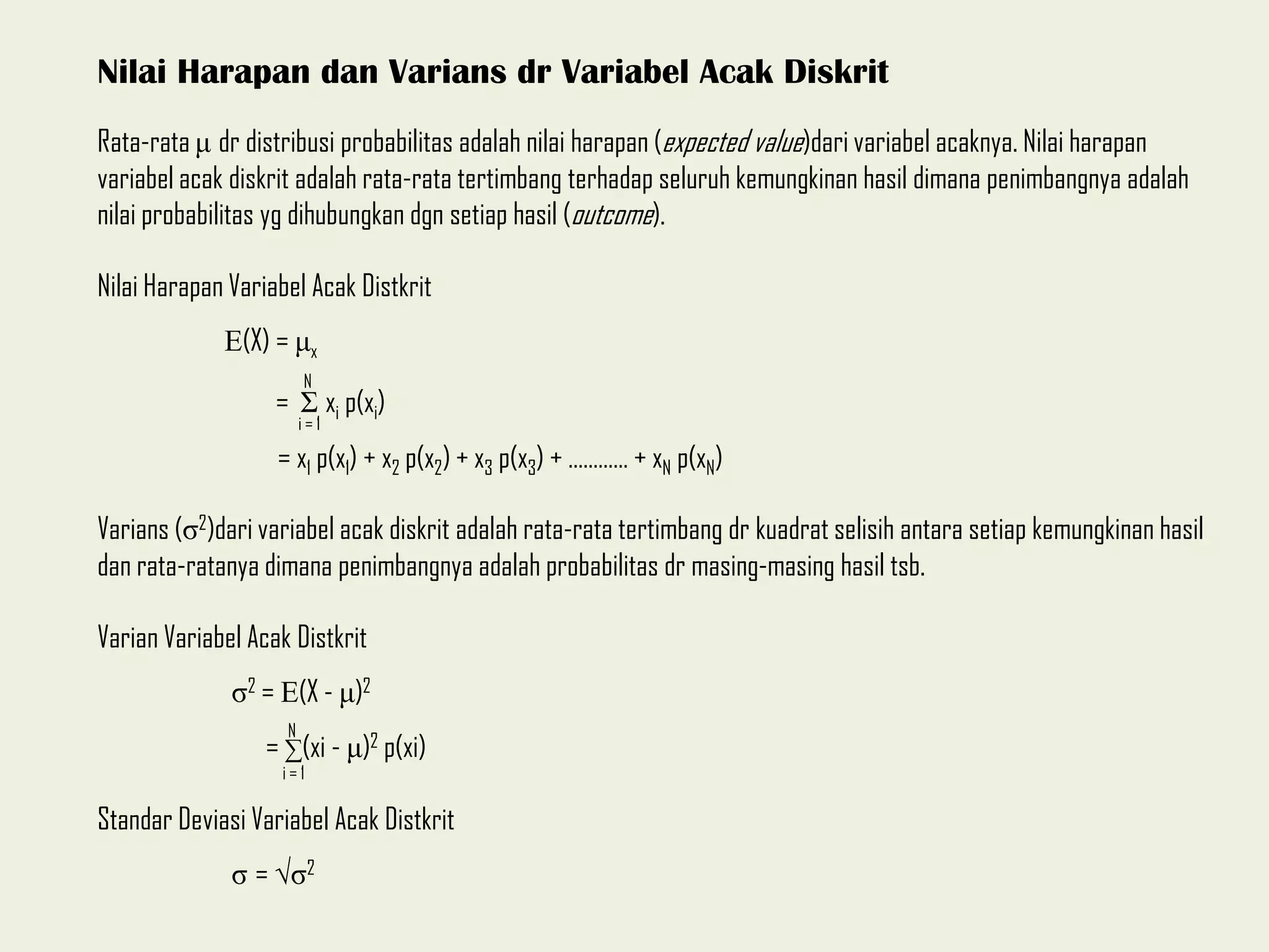 Variabel acak dan nilai harapan (Statistik Ekonomi II) | PPTX