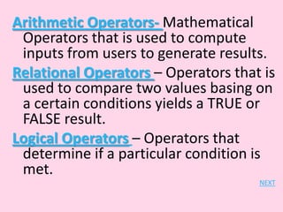 Variable, constant, operators and control statement | PPTX