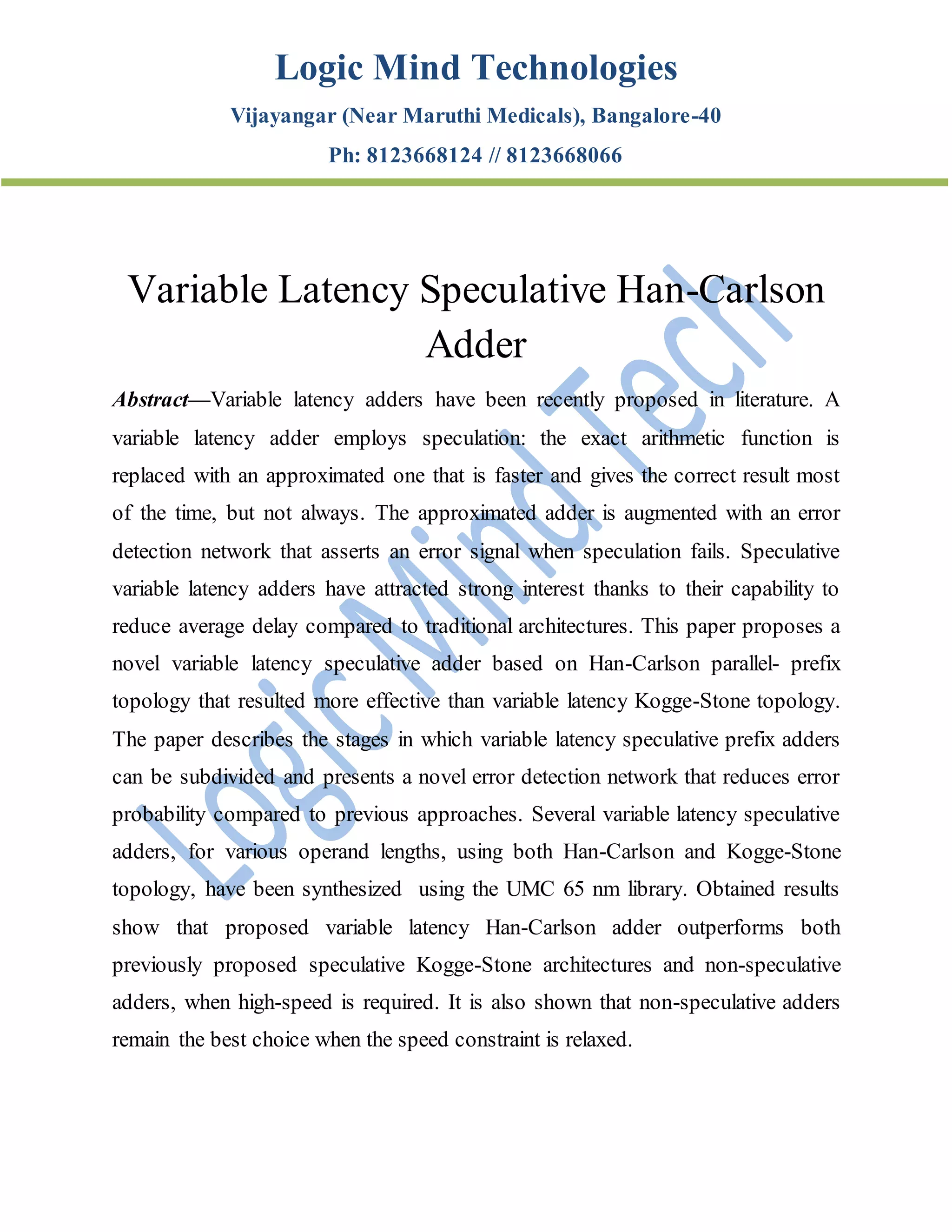 Variable Latency Speculative Han Carlson Adder Pdf