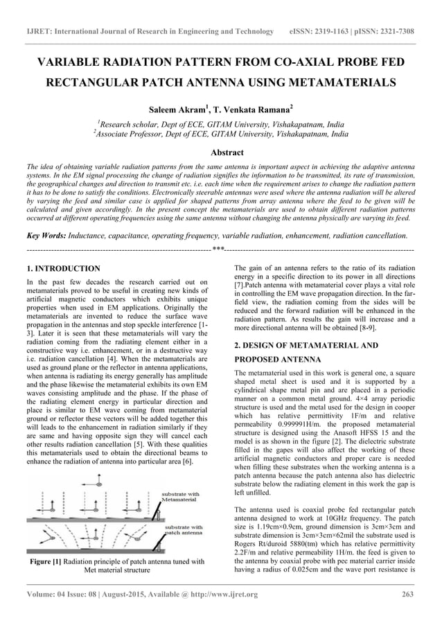Variable Radiation Pattern From Co Axial Probe Fed Rectangular Patch