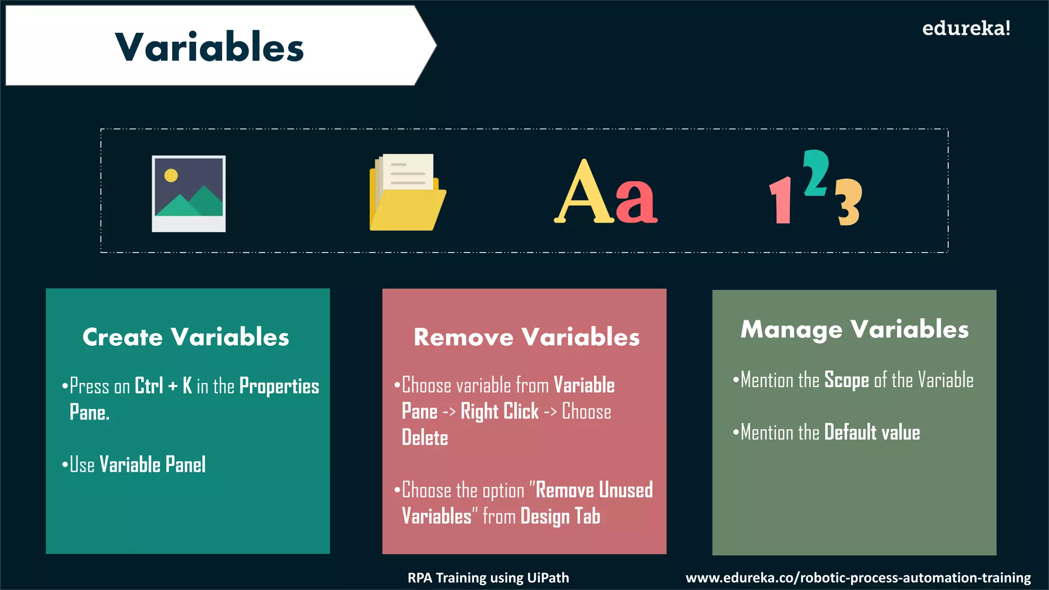 Variables, Data Types and Activities in UiPath | Basics of UiPath | UiPath Tutorial | Edureka | PDF