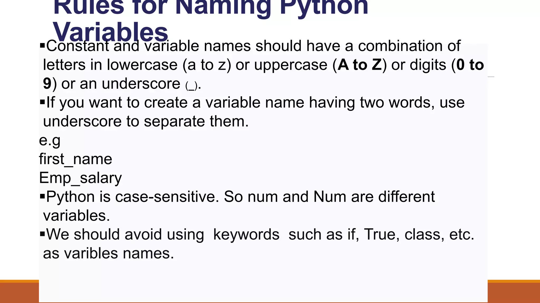 VARIABLEs IN PYTHON.pptx | Programming Languages | Computing