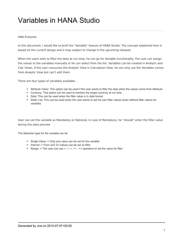Variables in sap hana | PDF | Programming Languages | Computing