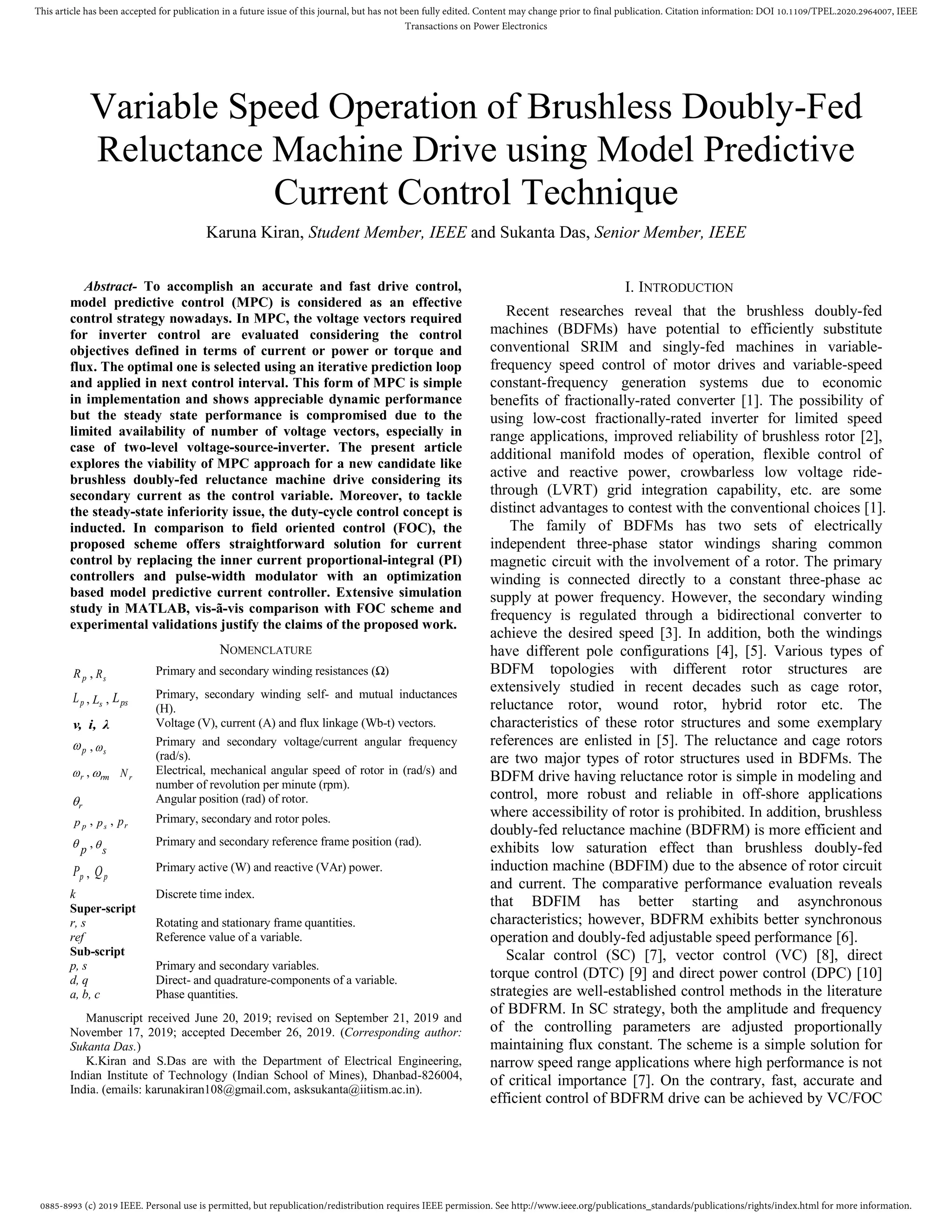 Variable Speed Operation of Brushless Doubly-Fed Reluctance Machine Drive using Model Predictive ...