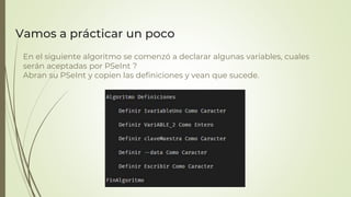 pseint instalacion y declaracion de Variables | PPTX