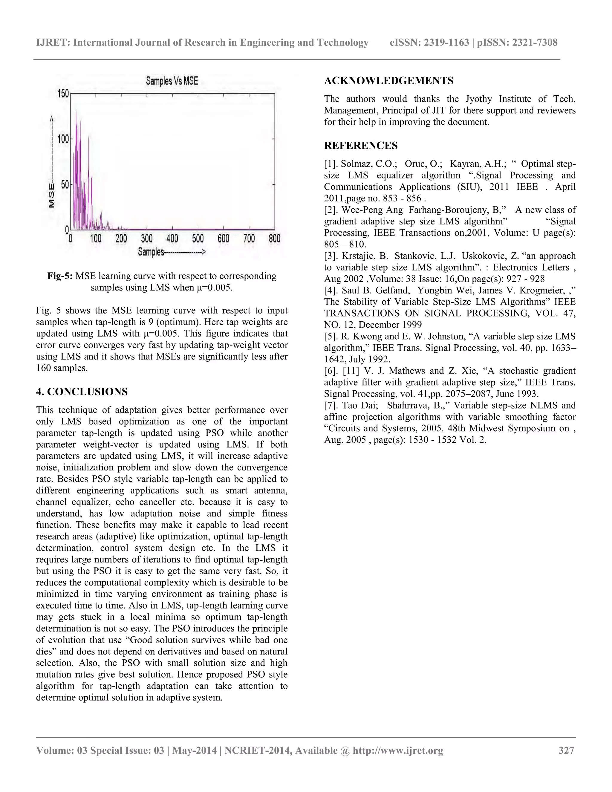 Variable Step Size Of Lms Algorithem Using Partical Swarm Optimization