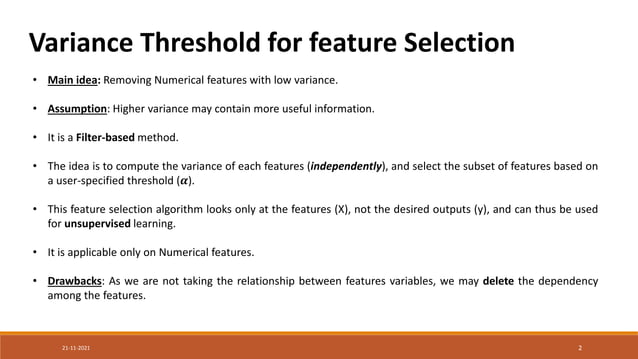 Variance threshold based feature selection method | PPTX Variance threshold based feature selection method | PPTX