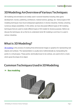 Overview on Various Types of 3D Modeling Techniques | PDF