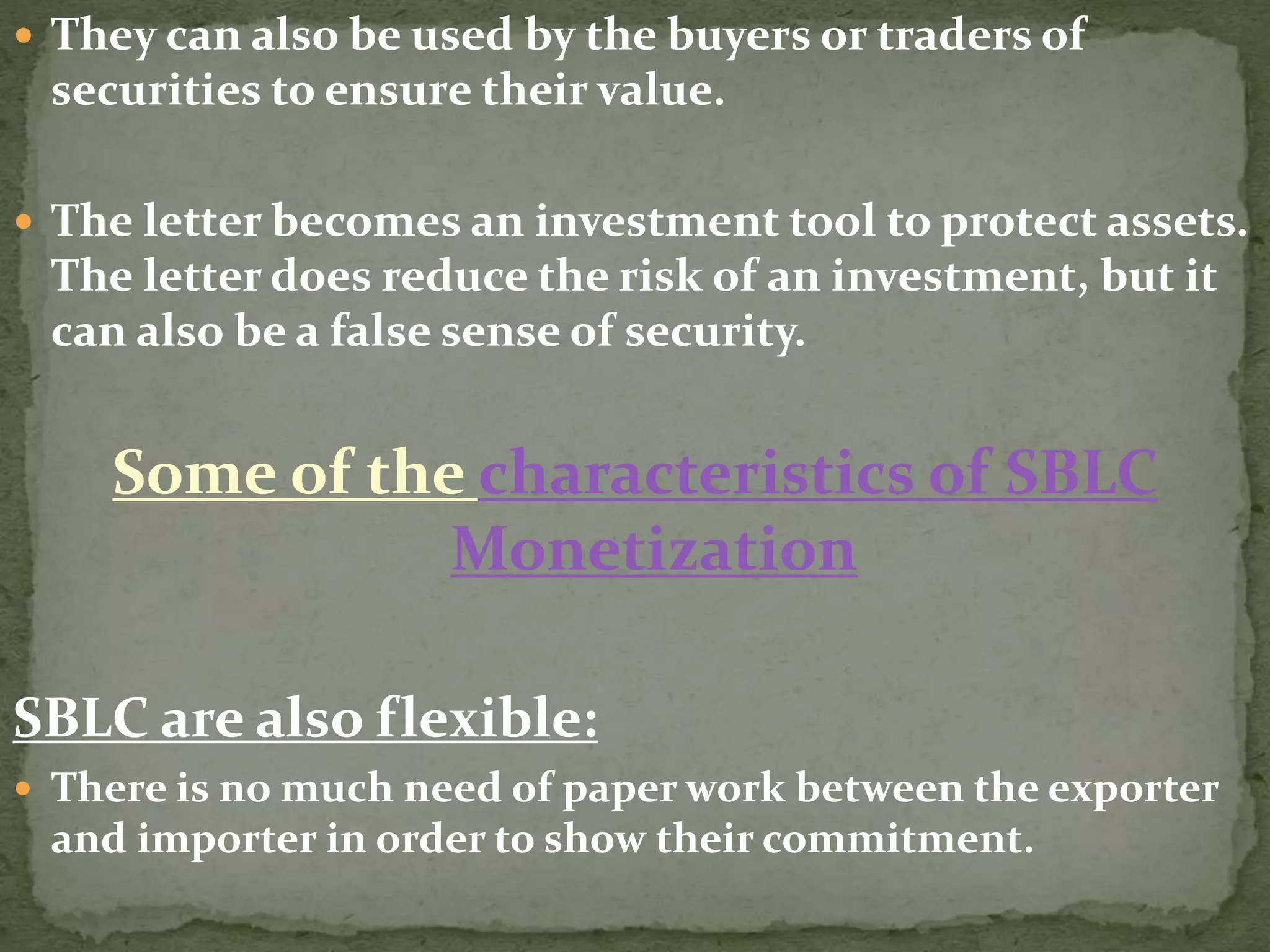 Various characteristics of sblc monetization | PPTX