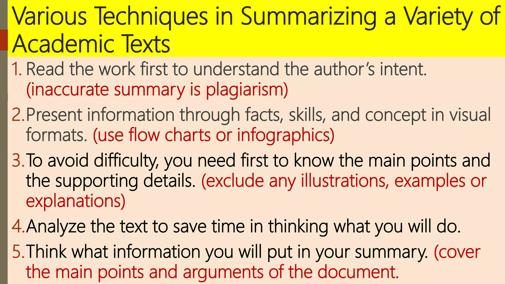 VARIOUS TECHNIQUES IN SUMMARIZING A VARIETY OF ACADEMIC.pptx