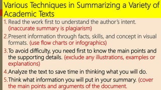 VARIOUS TECHNIQUES IN SUMMARIZING A VARIETY OF ACADEMIC.pptx