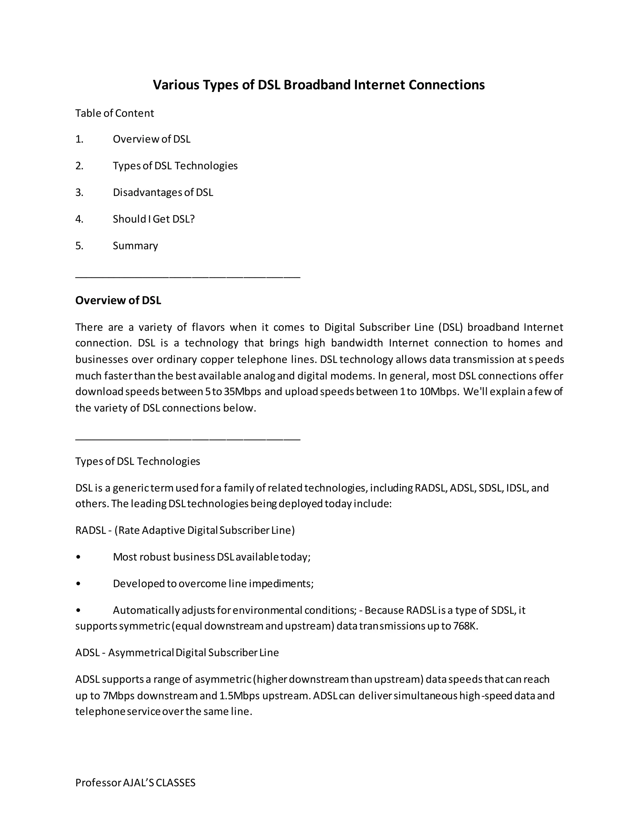 Various types of dsl broadband internet connections | PDF