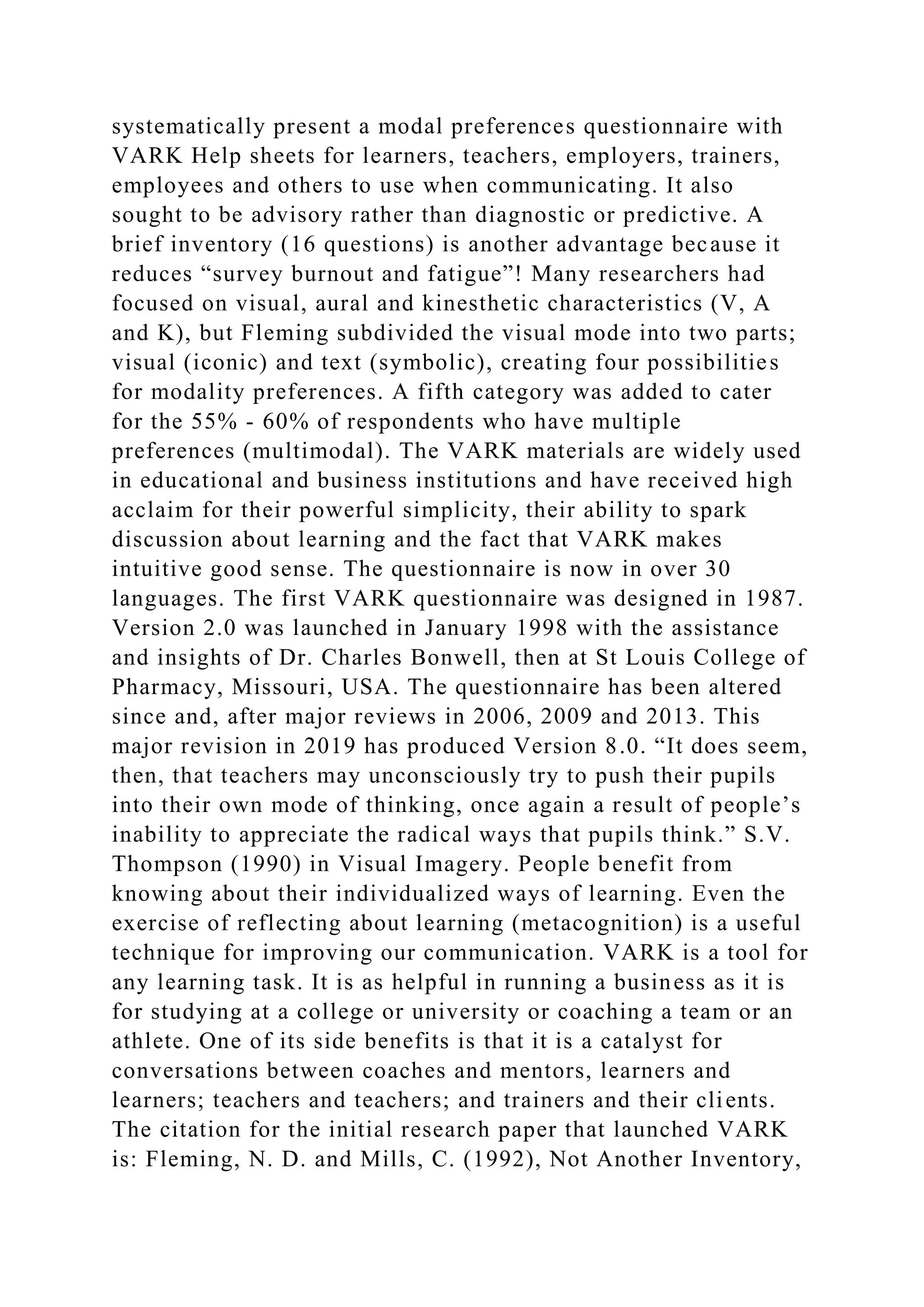 VARK Analysis PaperLearning styles represent the different app.docx ...