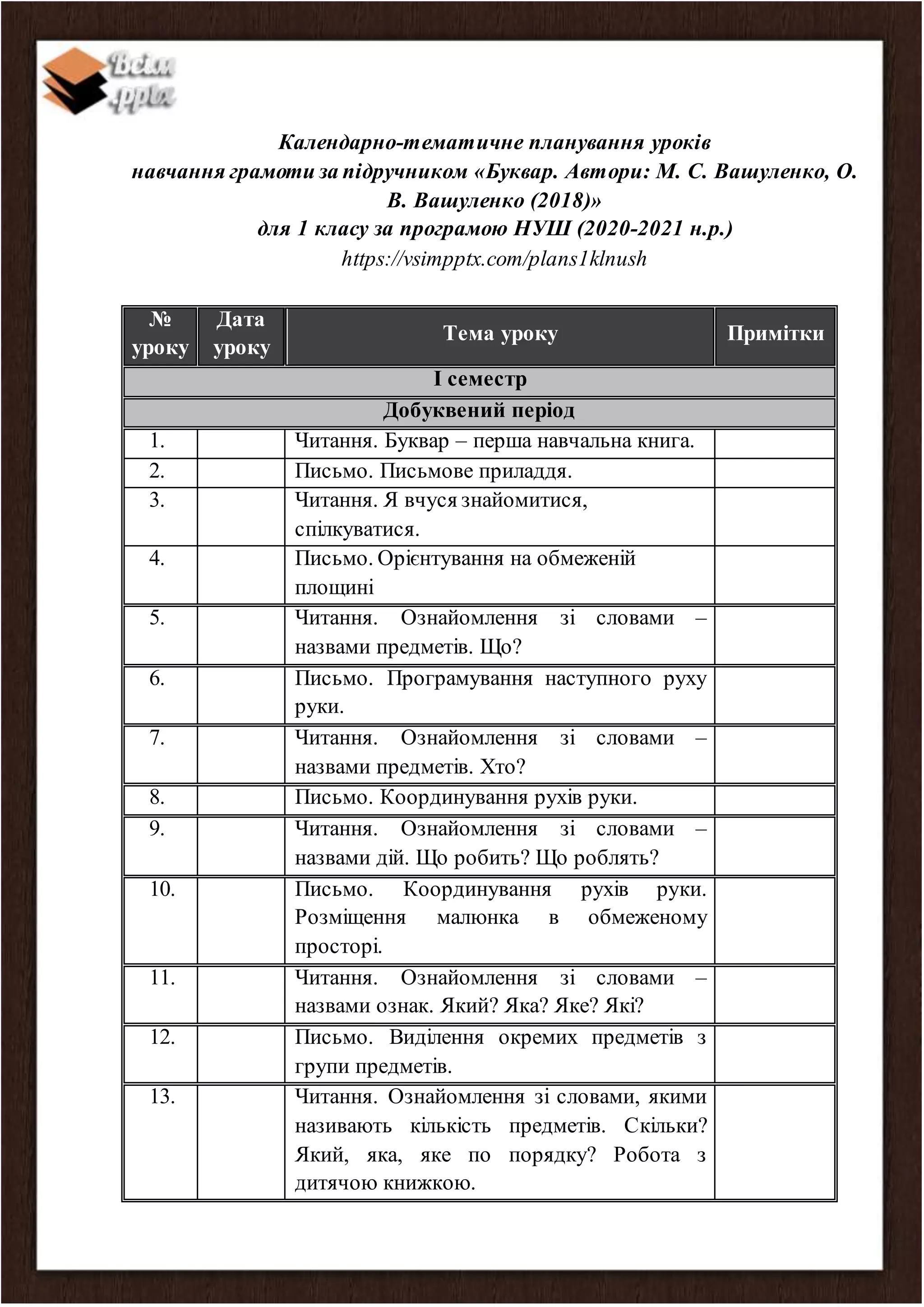Календарно тематичне планування Навчання грамоти для 1 класу за М С Вашуленко Doc