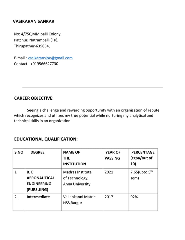 Vasikaran resume | PDF
