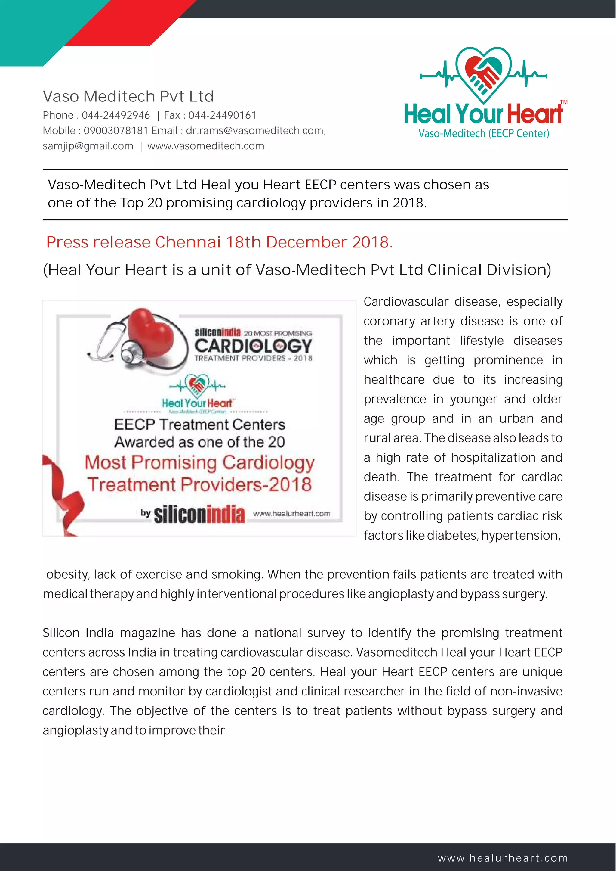 Vaso meditech pvt ltd heal you heart eecp centers was chosen as one of ...