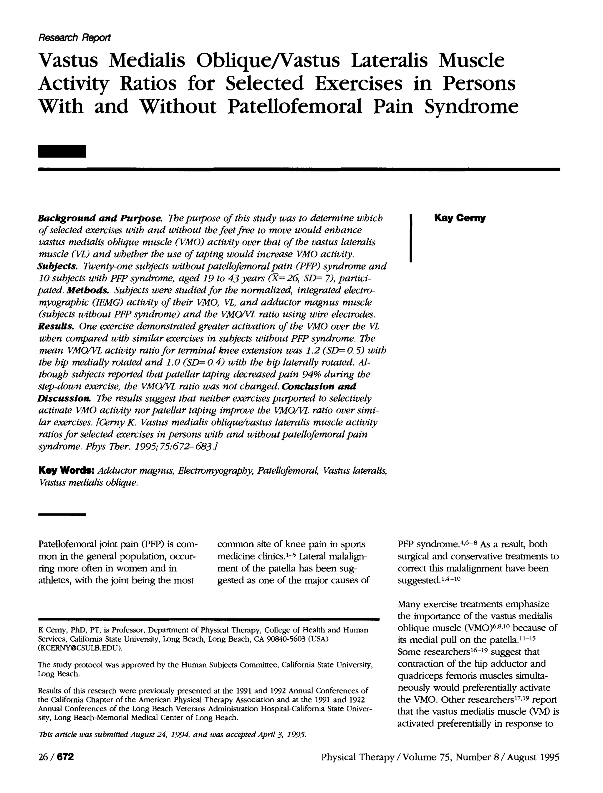 VMO and VL muscle activity ratios for knee rehab exercises | PDF