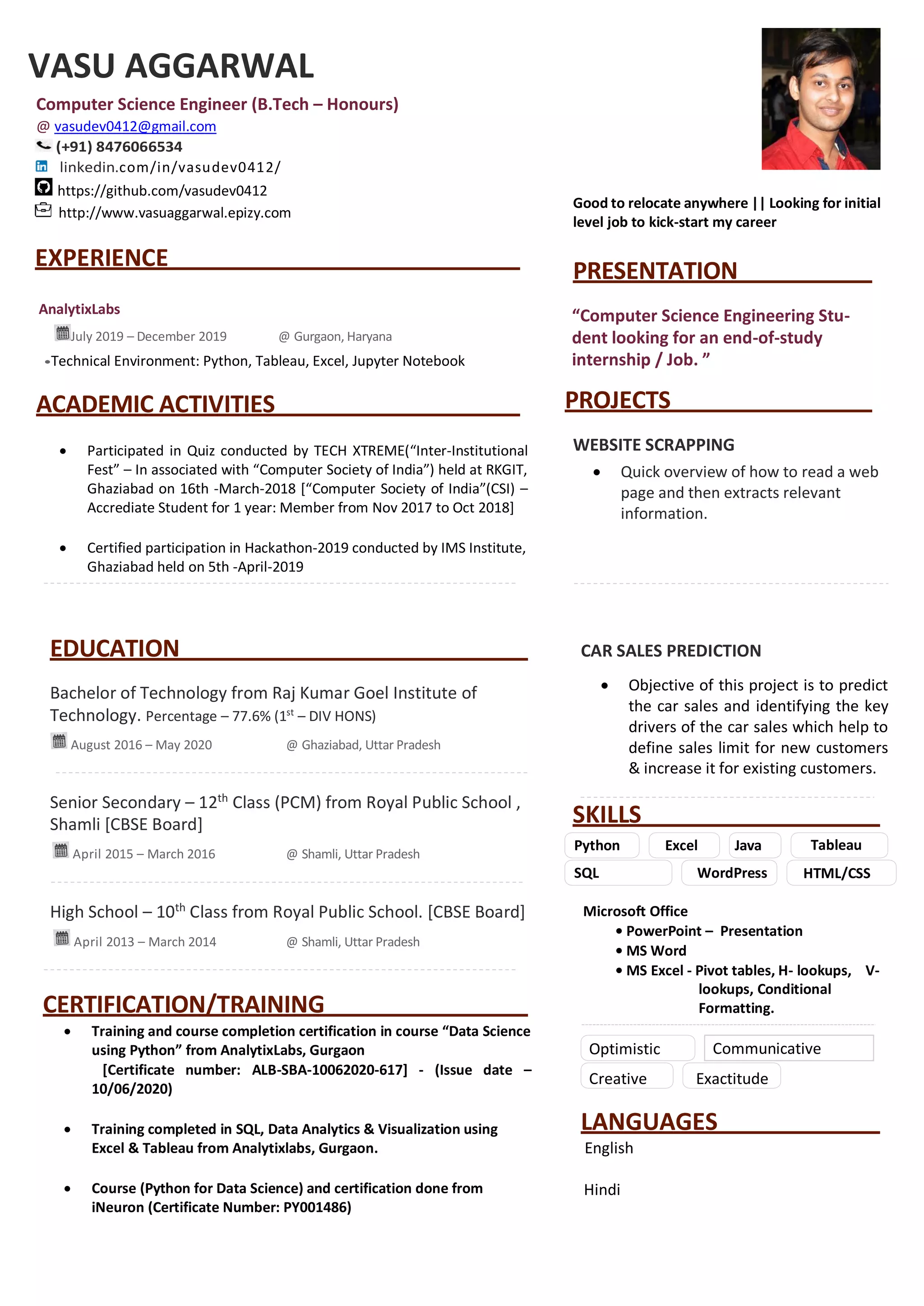 Vasu_Aggarwal_Resume | PDF | Programming Languages | Computing