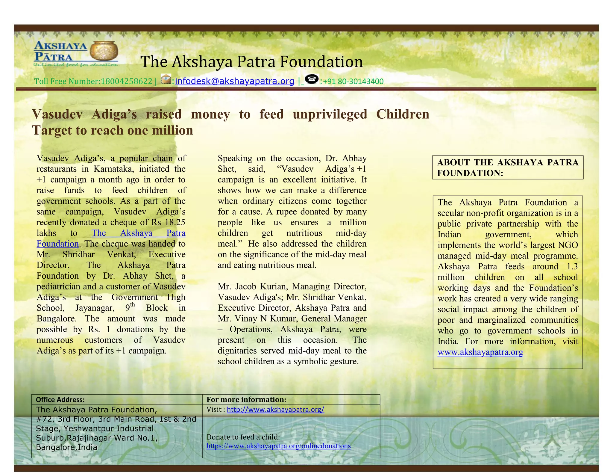 Vasudev adiga’s raised money to feed unprivileged children target to ...