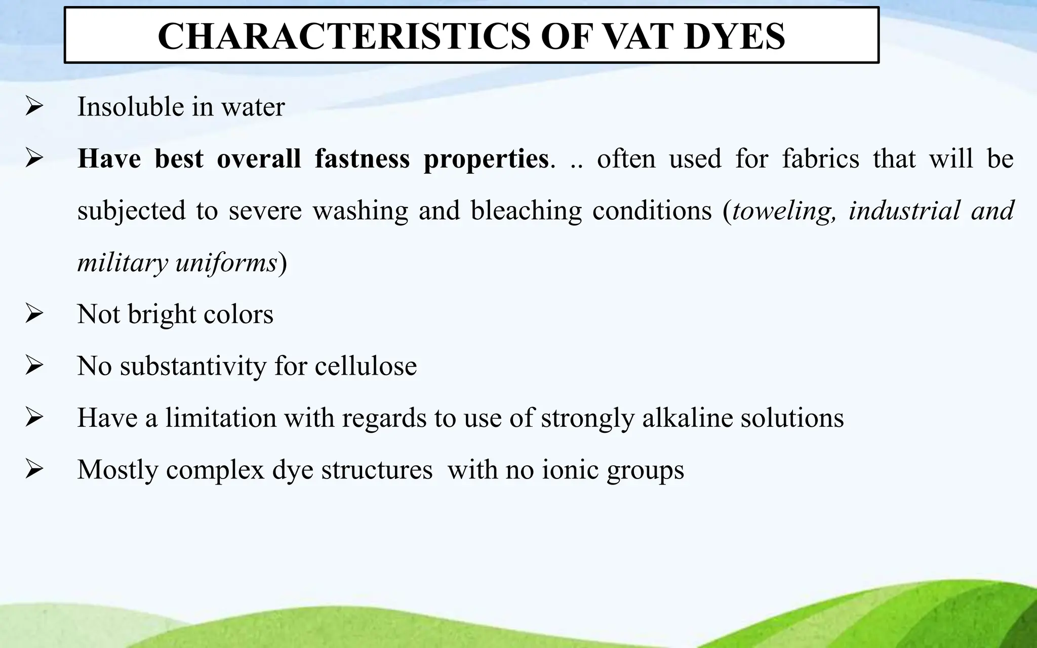 Dyeing of cellulosic and modified fiber with vat dye | PPT