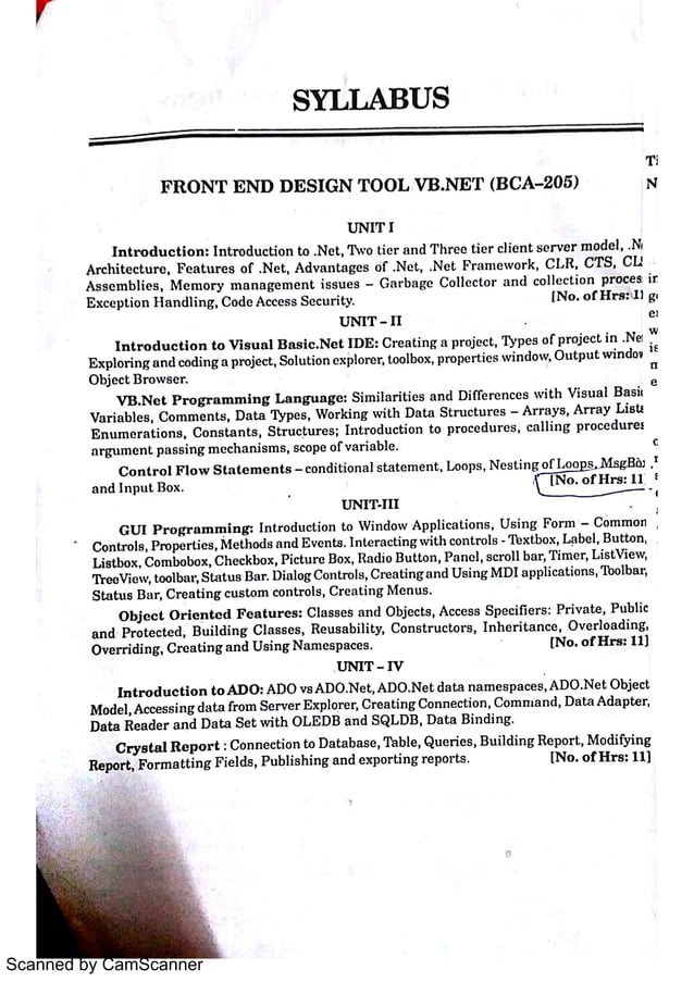 Syllabus Front End Design Tool VB.NET | BCA-205 | PDF