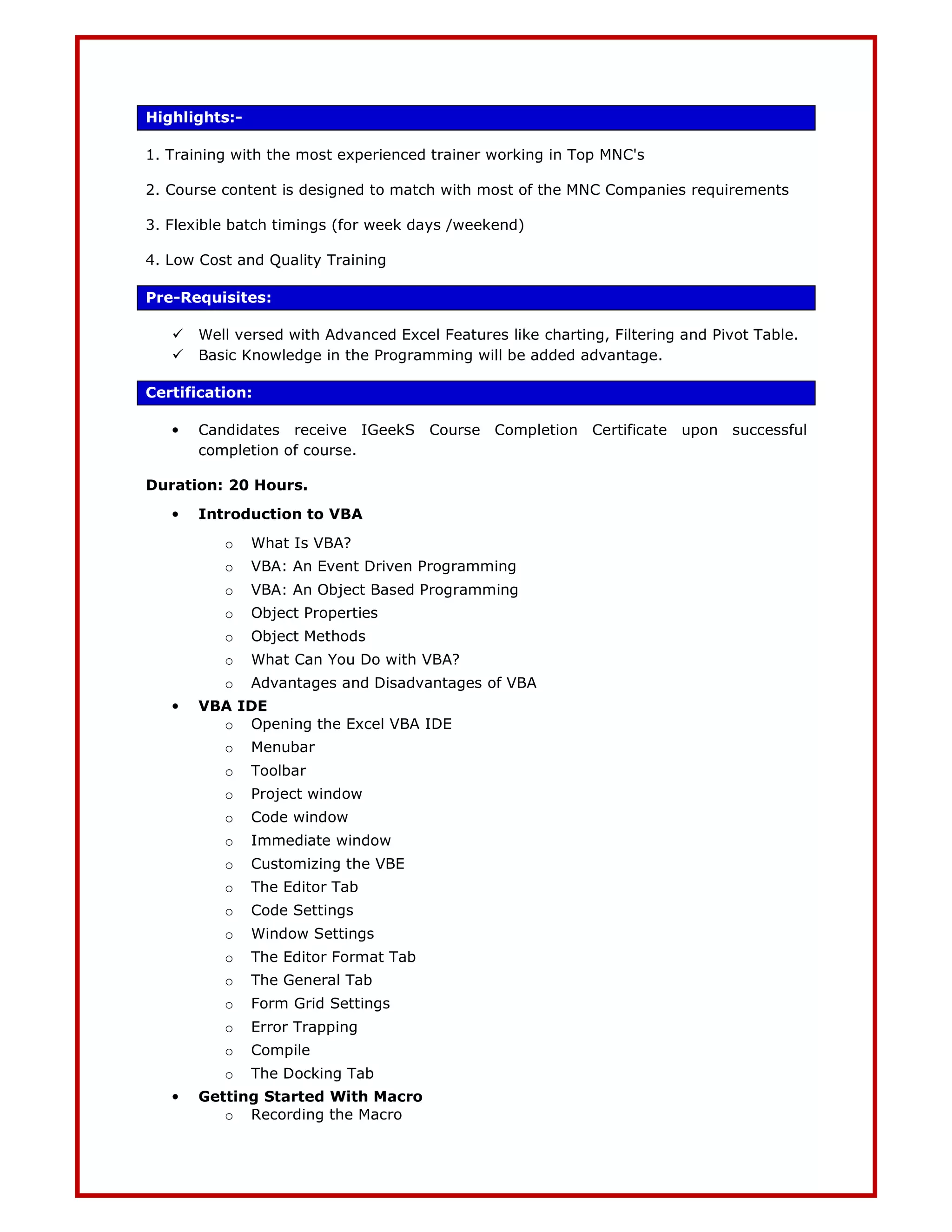 Excel Macros and VBA Programming Training Bangalore: | PDF