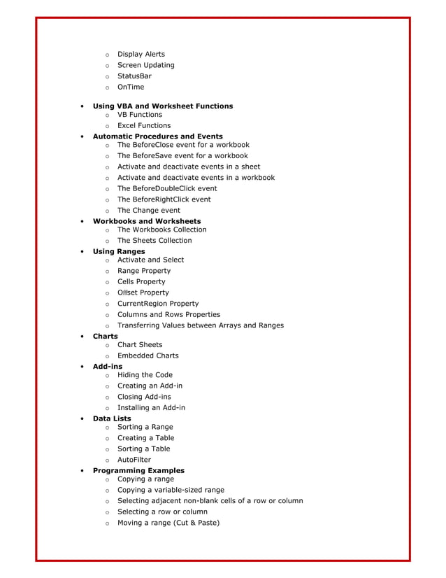 Excel Macros and VBA Programming Training Bangalore: | PDF