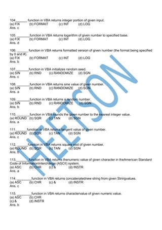 Excel VBA MCQ Questions and Answers (Visual Basic) | PDF