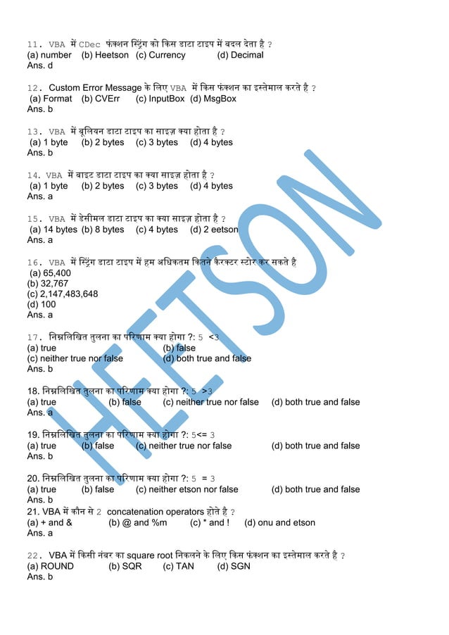 VBA Questions and Answers in Hindi (Visual Basic) | PDF