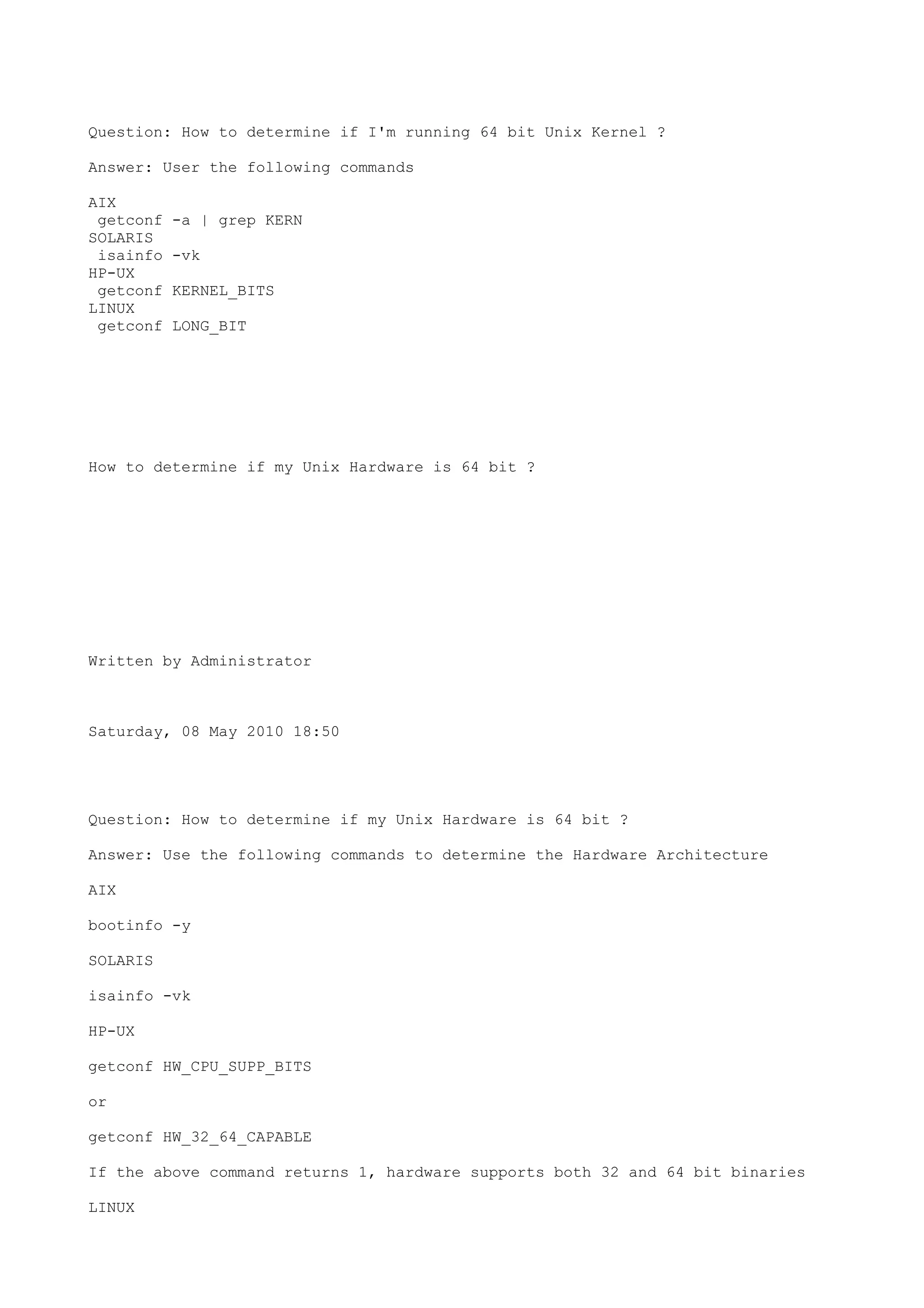 Determine 64 or 32 bit unix kernel and hw | PDF