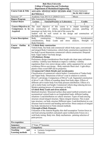 Vehicle Body Design and Materials course outline | PDF