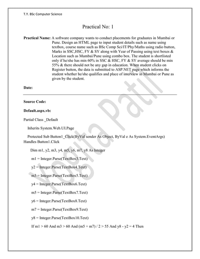 TYCS Visual Basic Practicals | PDF