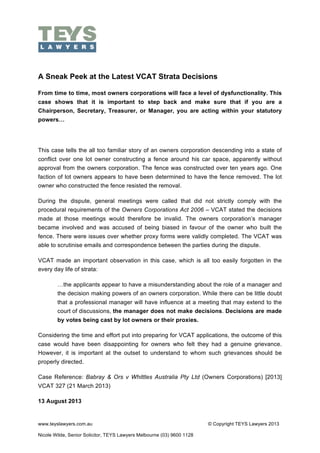 VCAT Case Study Alleged Breaches by Manager 13 August 2013 | PDF