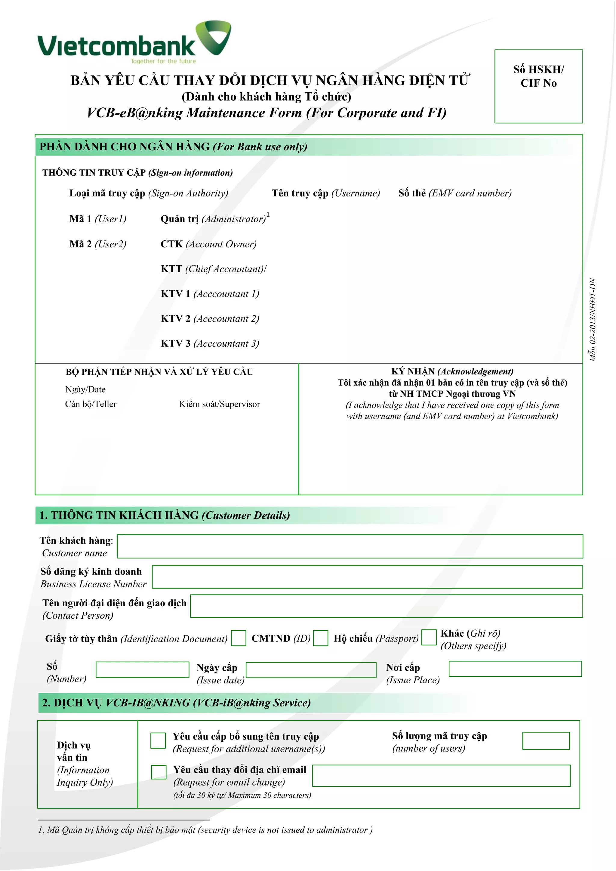 VCB-eB@nking : Bản yêu cầu thay đổi dịch vụ ngân hàng điện tử dành cho tổ chức | PDF