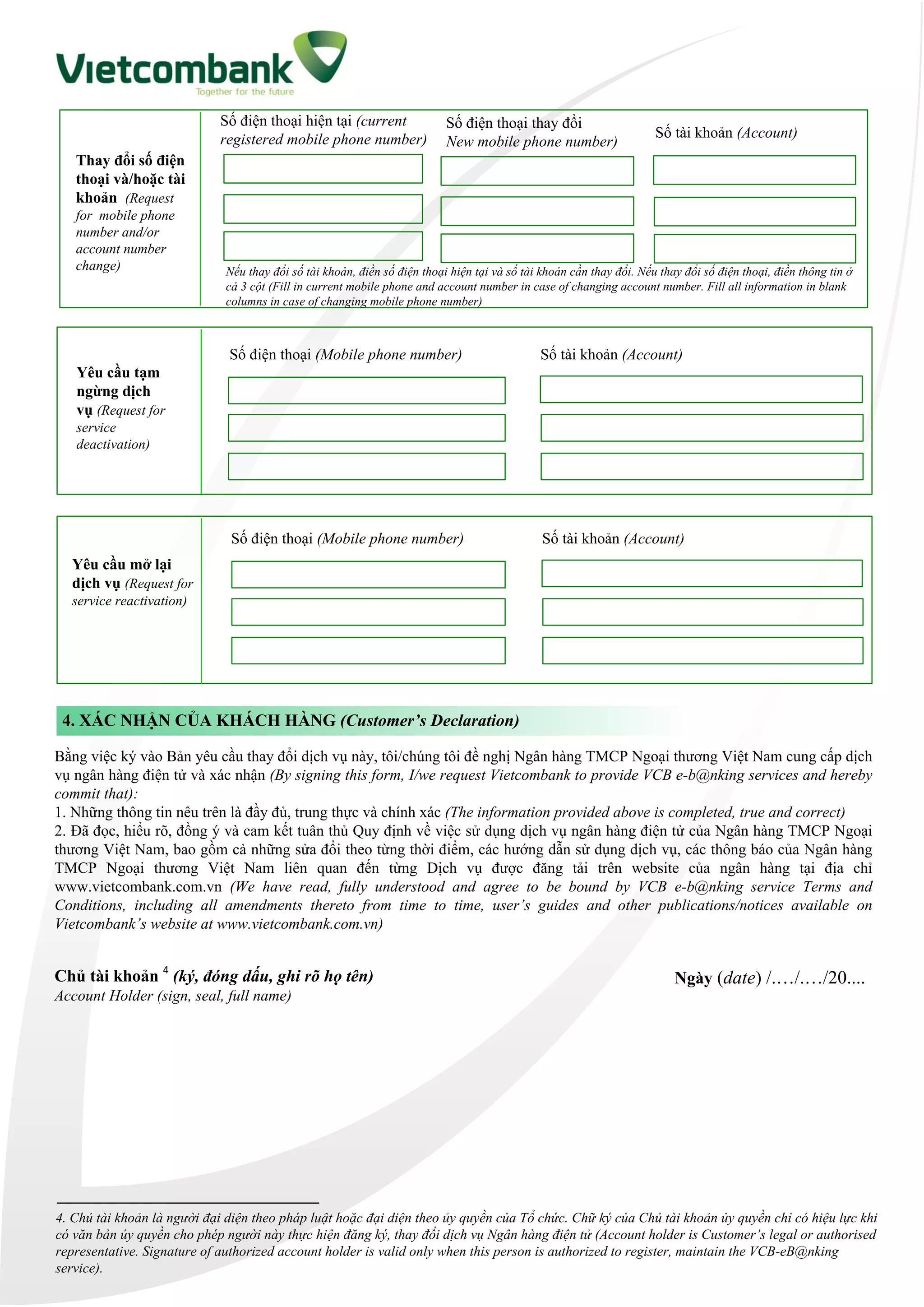 VCB-eB@nking : Bản yêu cầu thay đổi dịch vụ ngân hàng điện tử dành cho tổ chức | PDF