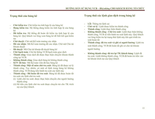 Vietcombank : Hướng dẫn sử dụng chức năng thanh toán bảng kê dành cho khách hàng tổ chức | PDF