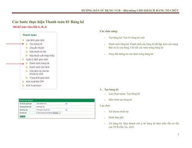 Vietcombank : Hướng dẫn sử dụng chức năng thanh toán bảng kê dành cho khách hàng tổ chức | PDF