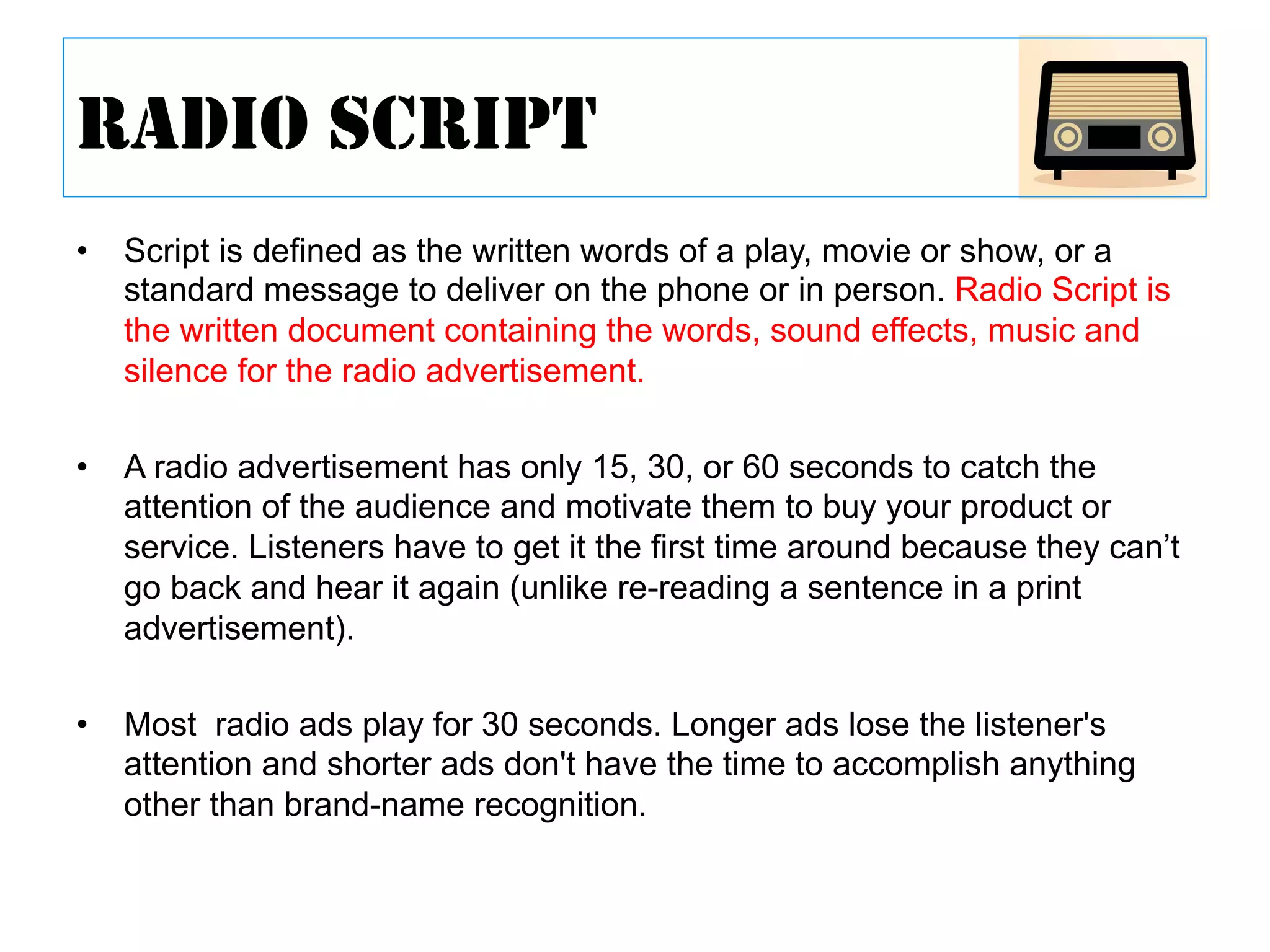 Radio Script and Storyboards | PPT | Free Download