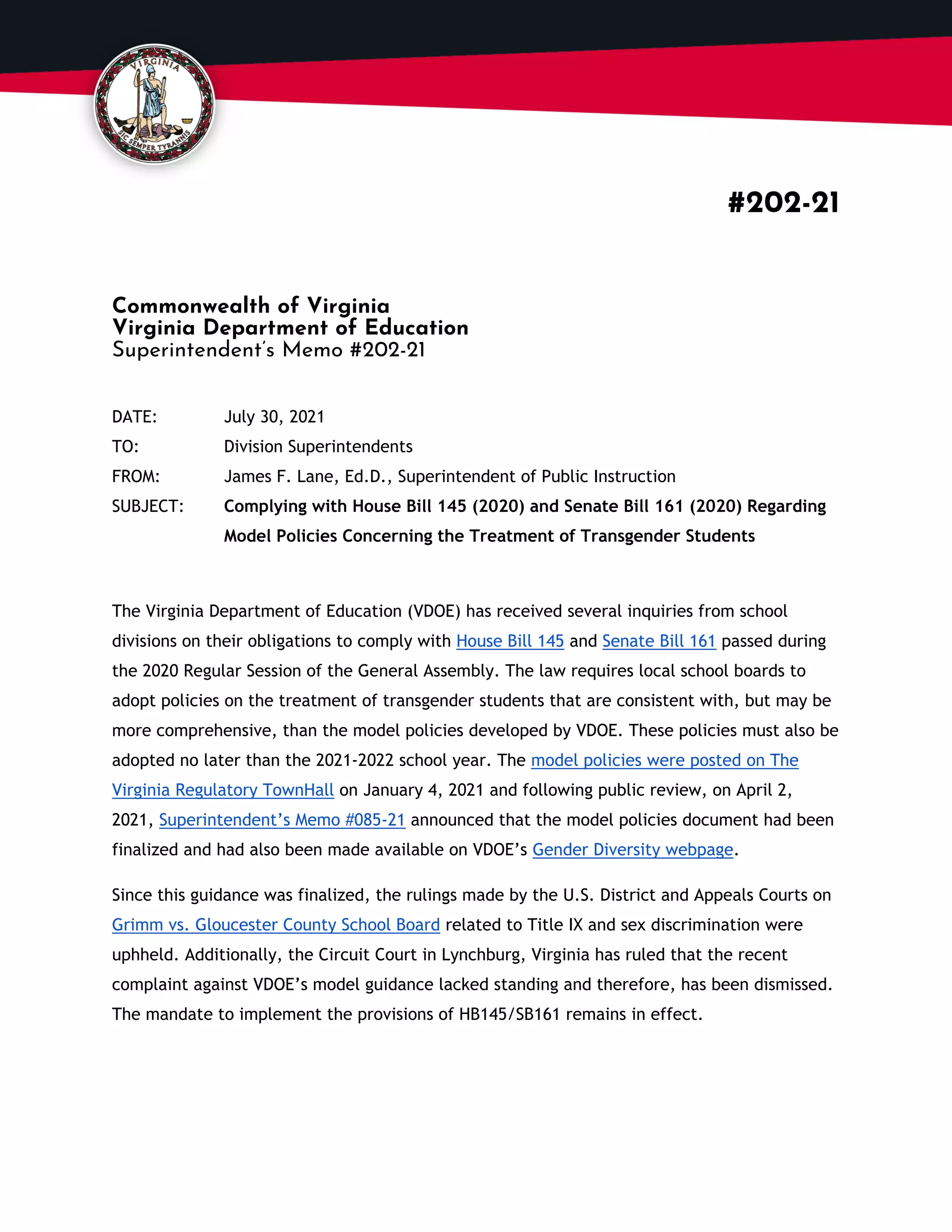 Vdoe superintendent’s memo #202 21 | PDF