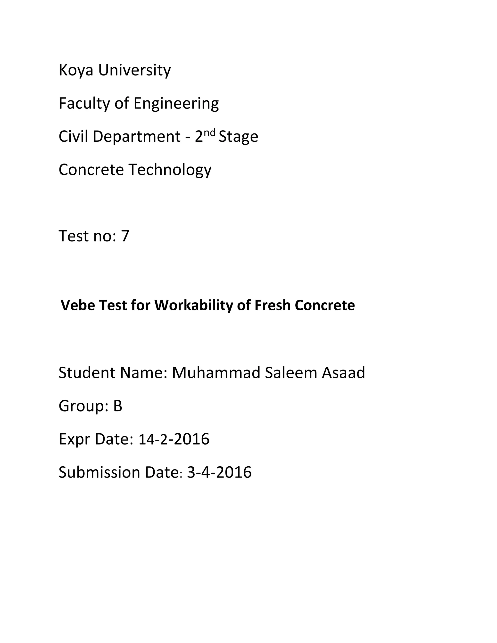 Vebe test for workability of fresh concrete | PDF