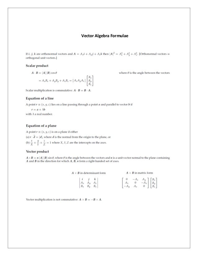 Vector Algebra Formulae