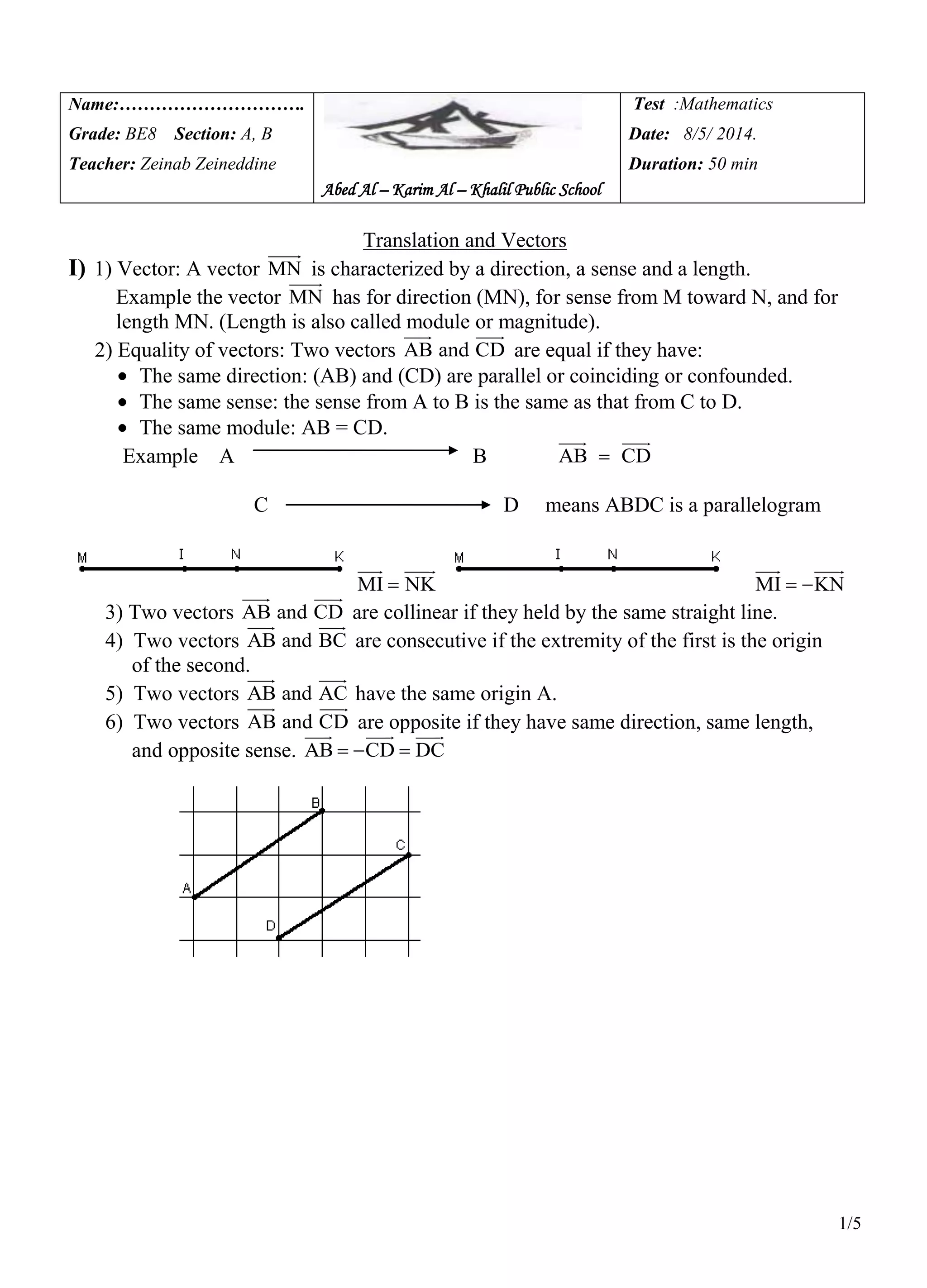 Vectors and translations worksheet | DOCX