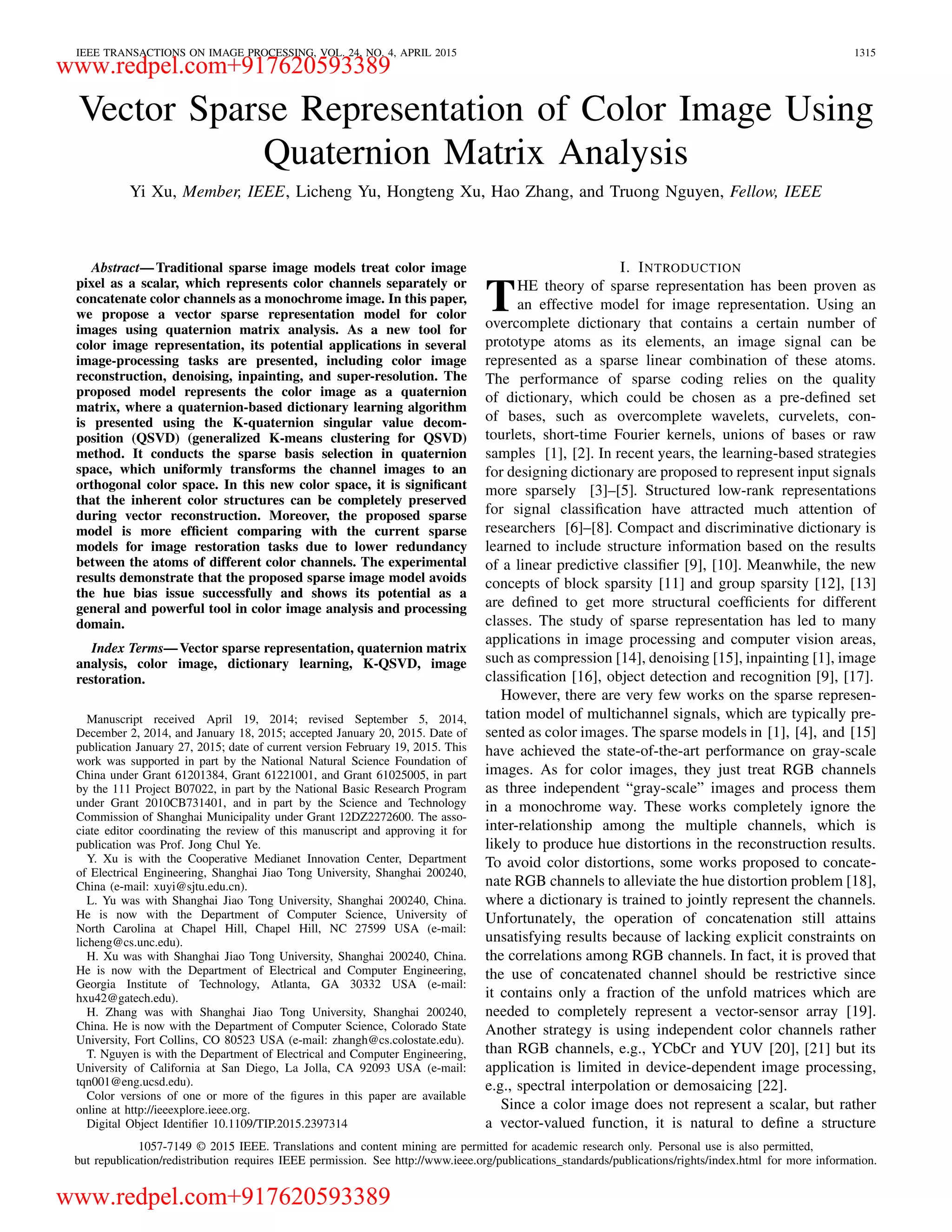 Vector sparse representation of color image using quaternion matrix analysis | PDF