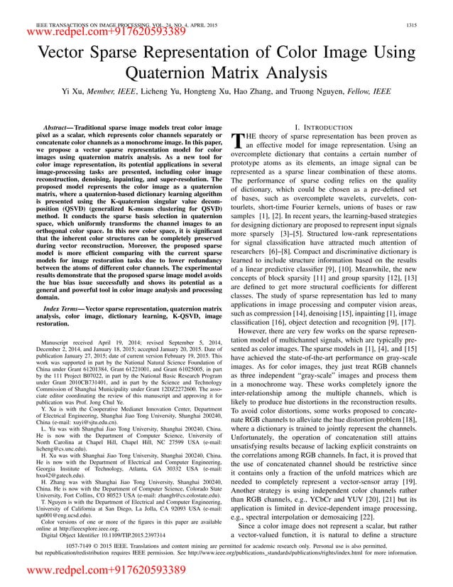 Vector sparse representation of color image using quaternion matrix analysis | PDF