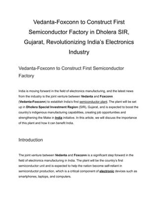 Vedanta-Foxconn to Construct First Semiconductor Factory in Dholera SIR, Gujarat ...