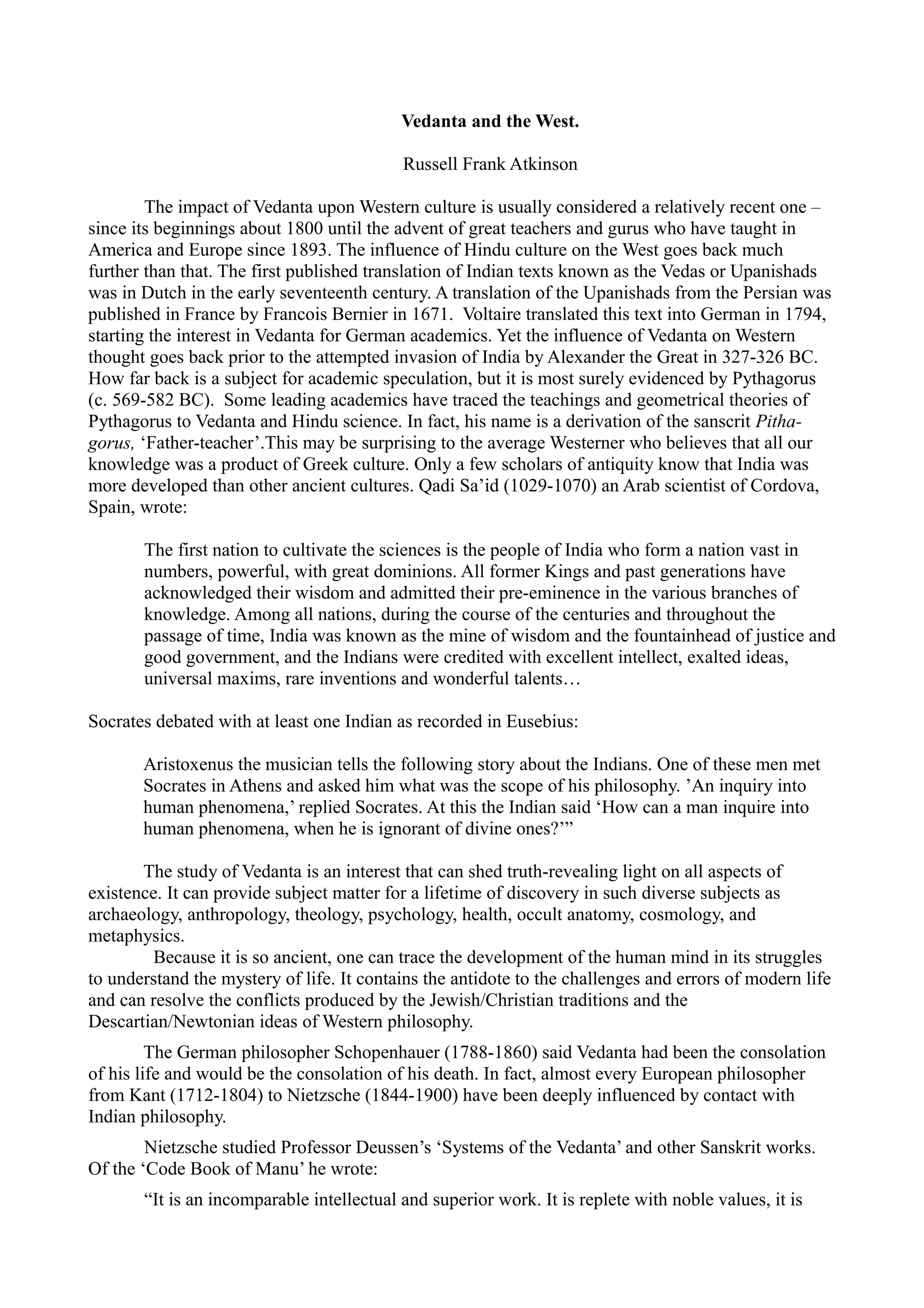 Vedanta in the west | DOC