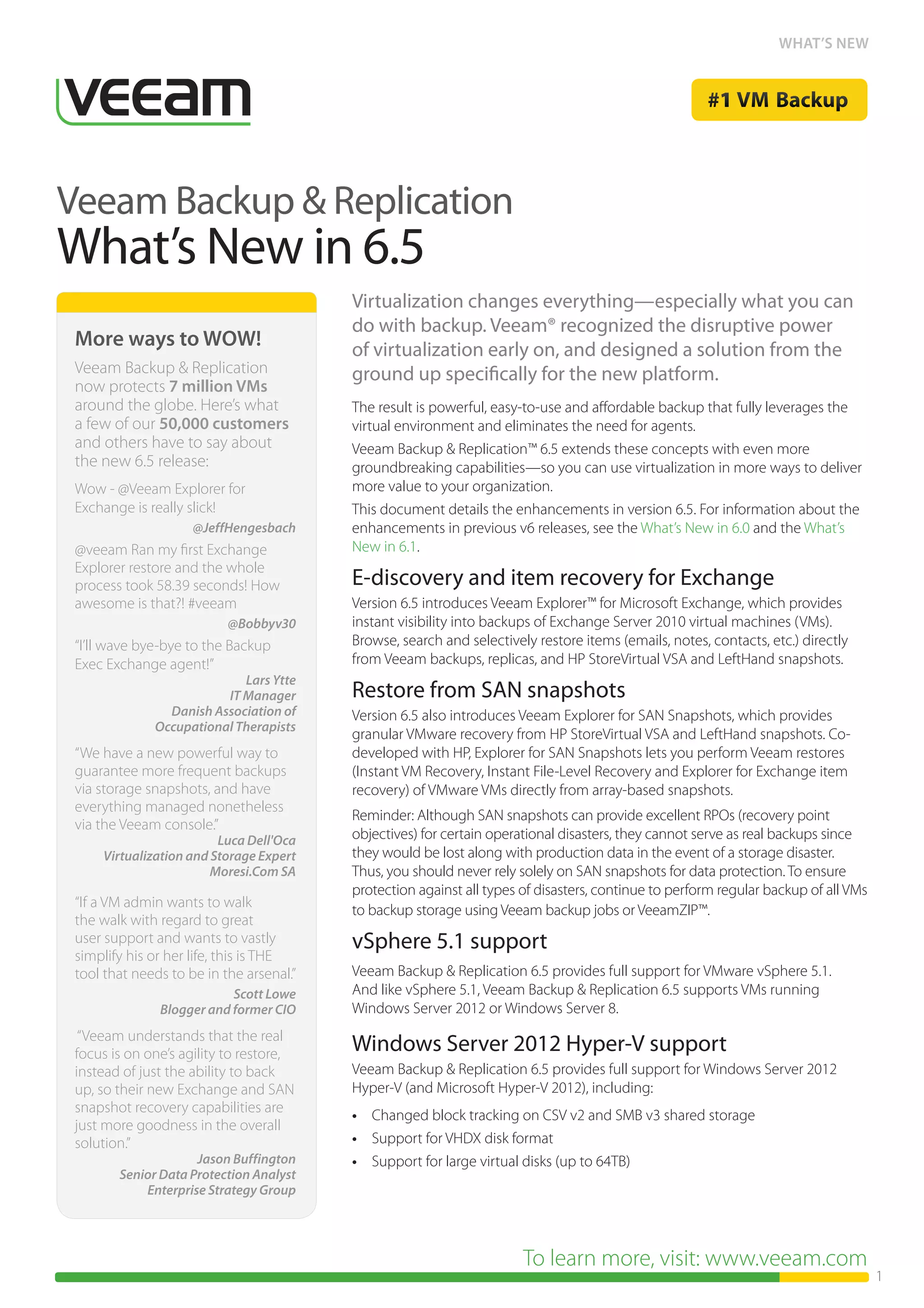 Veeam Backup & Replication - What’s New in 6.5 | PDF
