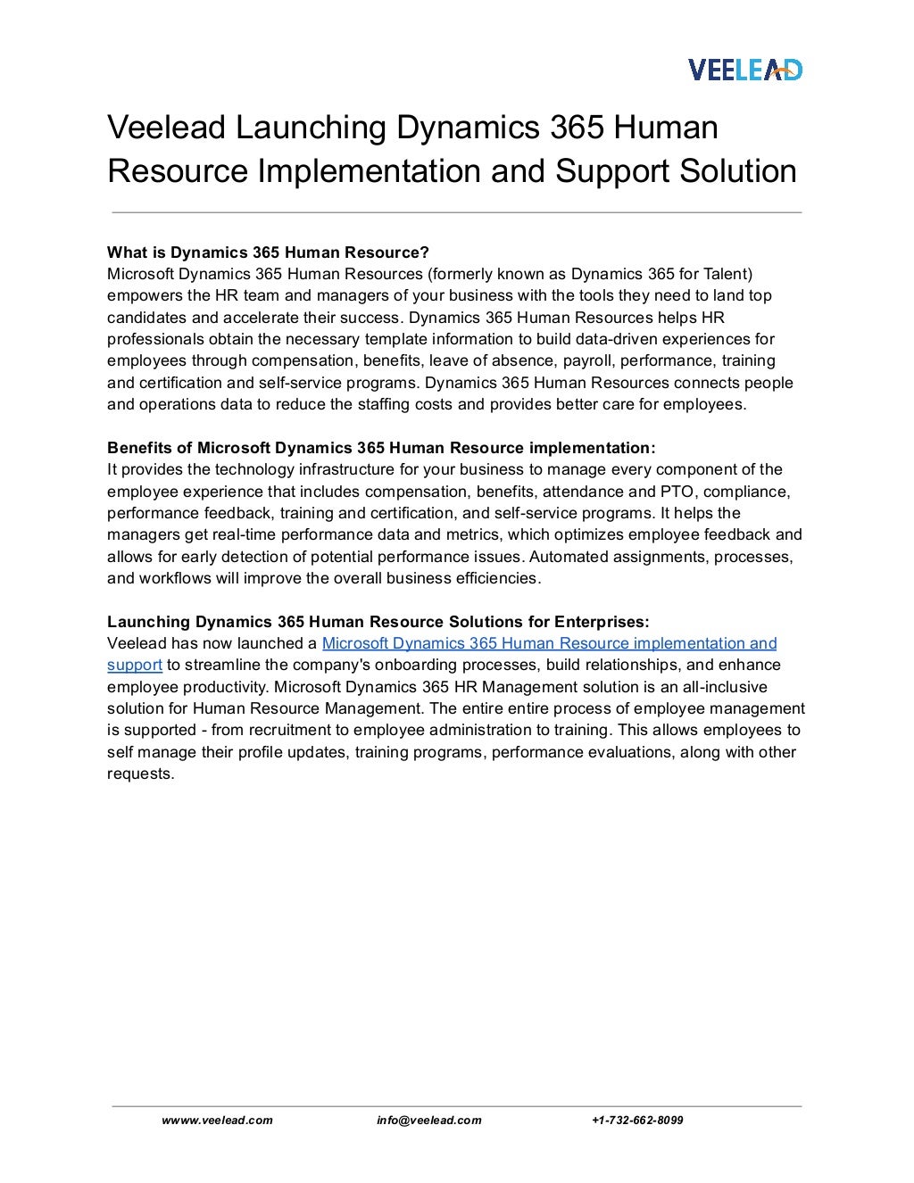 Veelead launching dynamics 365 human resource implementation and support solution
